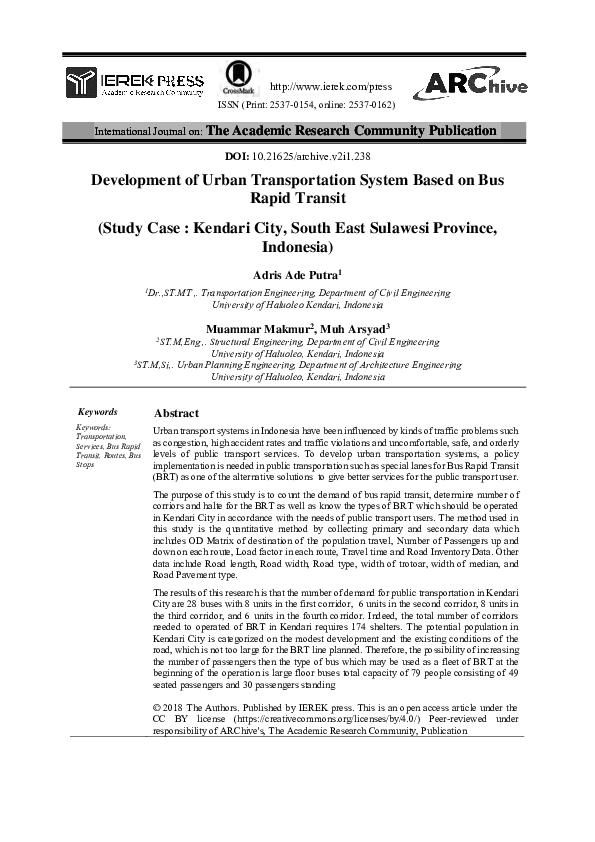 (PDF) Development of Urban Transportation System Based on Bus Rapid Transit