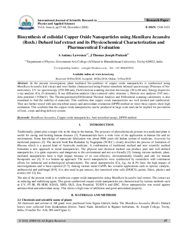 (PDF) Biosynthesis of colloidal Copper Oxide Nanoparticles using ...