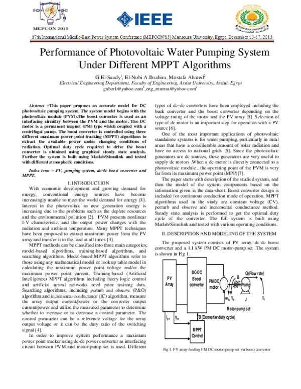 (PDF) Performance of Photovoltaic Water Pumping System Under Different MPPT Algorithms