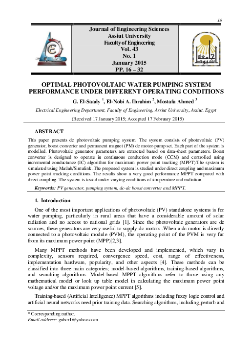 (PDF) Optimal Photovoltaic Water Pumping System Performance under different Operating conditions