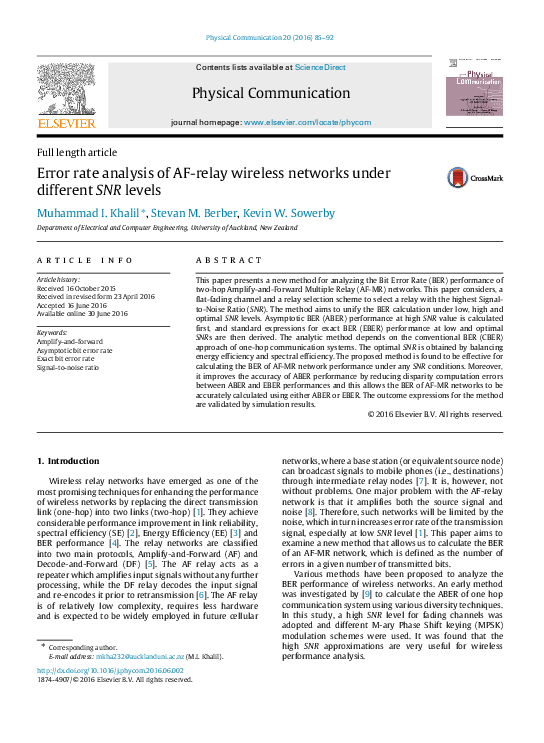 Pdf Error Rate Analysis Of Af Relay Wireless Networks Under Different Snr Levels