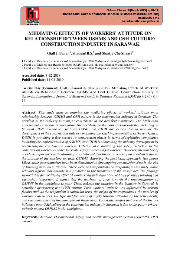 (PDF) MEDIATING EFFECTS OF WORKERS' ATTITUDE ON RELATIONSHIP BETWEEN OSHMS AND OSH CULTURE ...