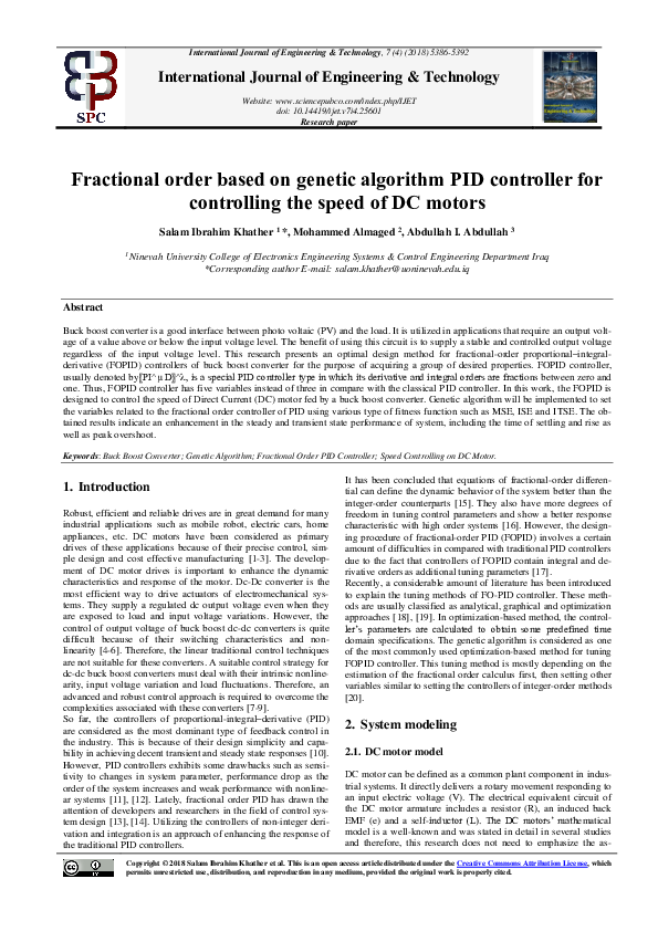 Pdf Fractional Order Based On Genetic Algorithm Pid Controller For Controlling The Speed Of Dc