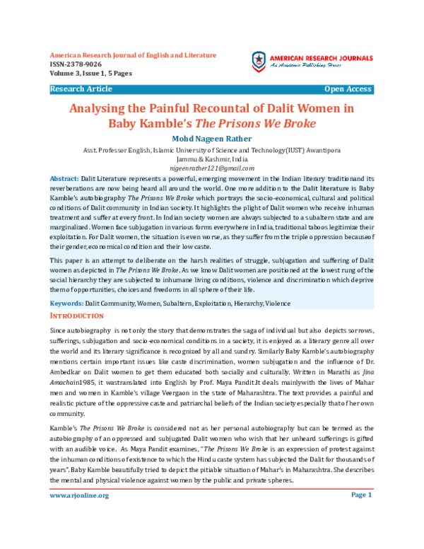 (PDF) Analysing the Painful Recountal of Dalit Women in Baby Kamble’s ...