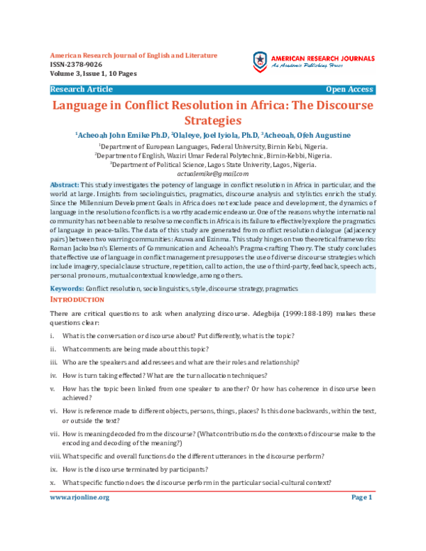 (PDF) Language in Conflict Resolution in Africa: The Discourse Strategies