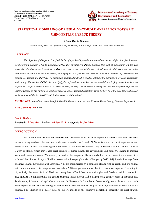 (PDF) STATISTICAL MODELLING OF ANNUAL MAXIMUM RAINFALL FOR BOTSWANA USING EXTREME VALUE THEORY