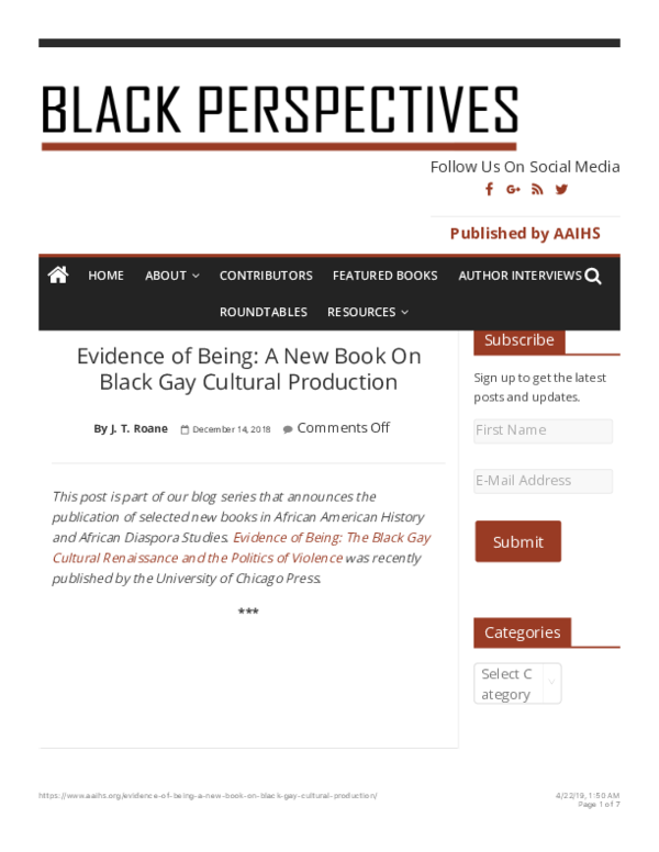 (PDF) Evidence of Being: A New Book On Black Gay Cultural Production