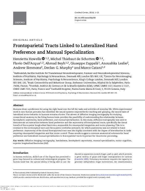(PDF) Frontoparietal Tracts Linked to Lateralized Hand Preference and Manual Specialization
