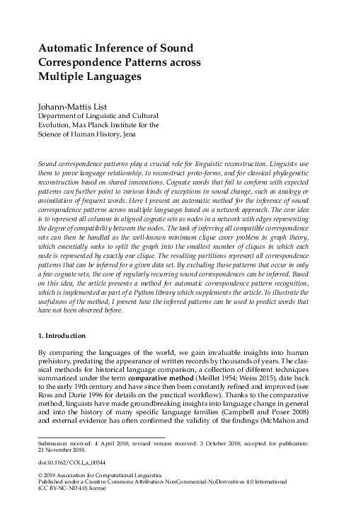(PDF) Automatic Inference of Sound Correspondence Patterns Across Multiple Languages | Johann ...