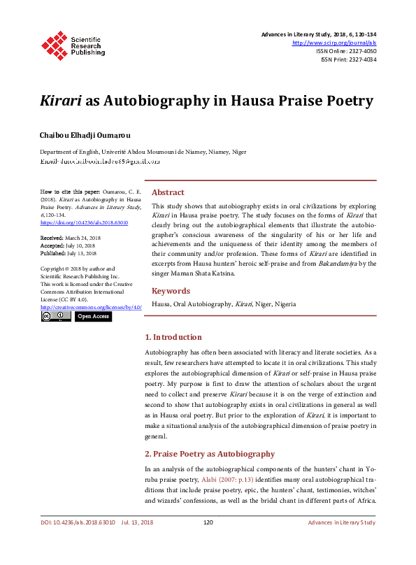 (PDF) Kirari as Autobiography in Hausa Praise Poetry