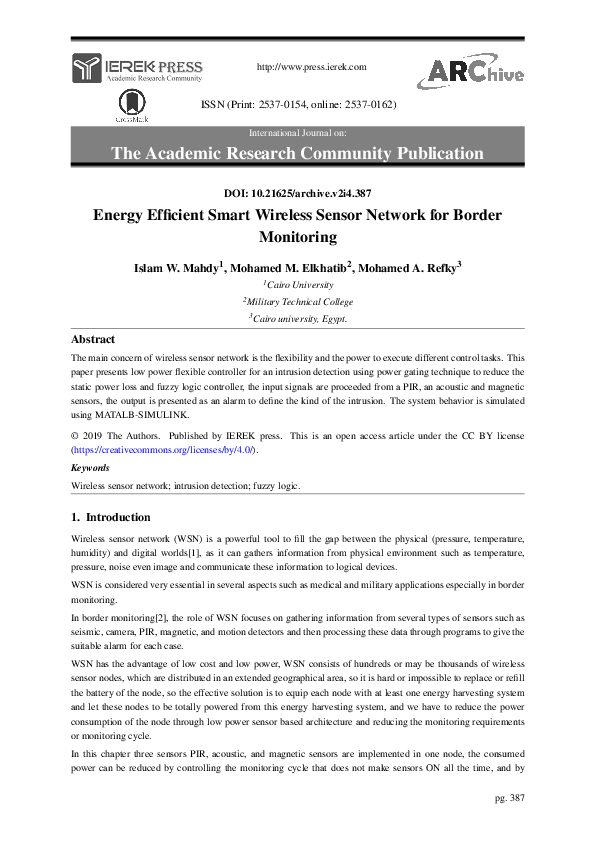 Pdf Energy Efficient Smart Wireless Sensor Network For Border Monitoring