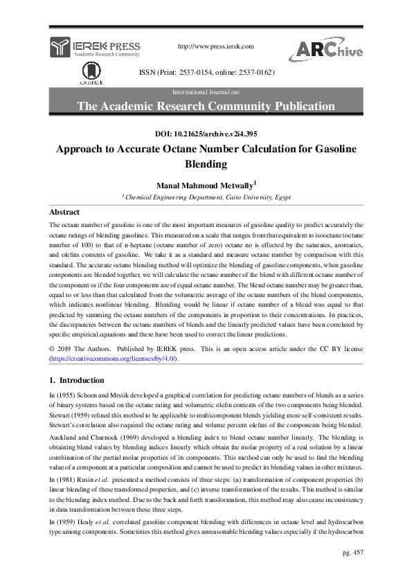 (PDF) Approach to Accurate Octane Number Calculation for Gasoline Blending