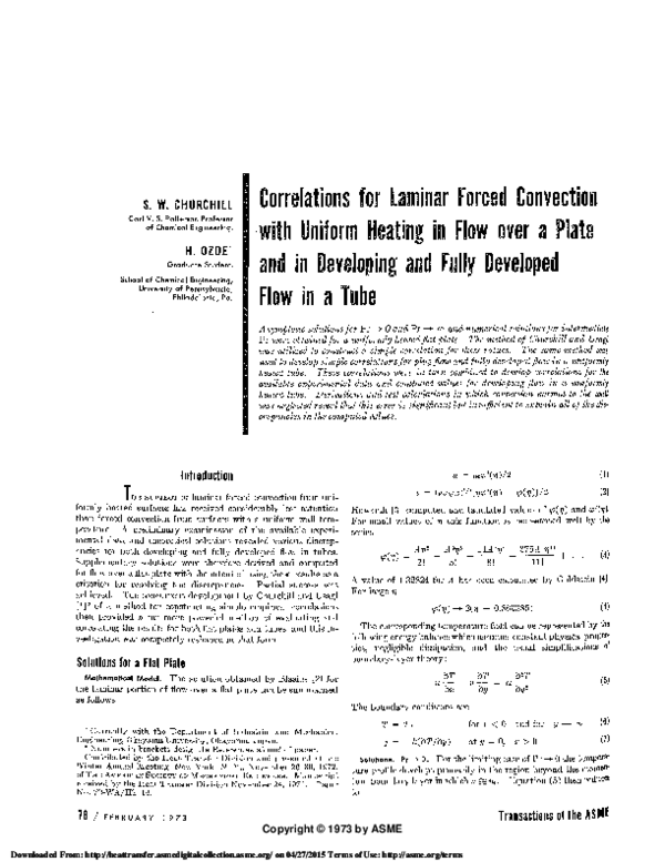 (PDF) S. W. CHURCHILL Correlations for Laminar Forced Convection with Uniform Heating in Flow ...
