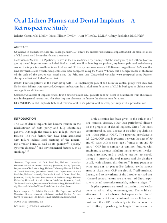 (PDF) Oral Lichen Planus and Dental Implants -A Retrospective Studyc id_347 234..242