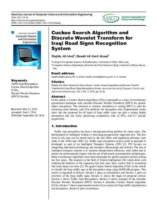 (PDF) Cuckoo Search Algorithm and Discrete Wavelet Transform for Iraqi Road Signs Recognition System