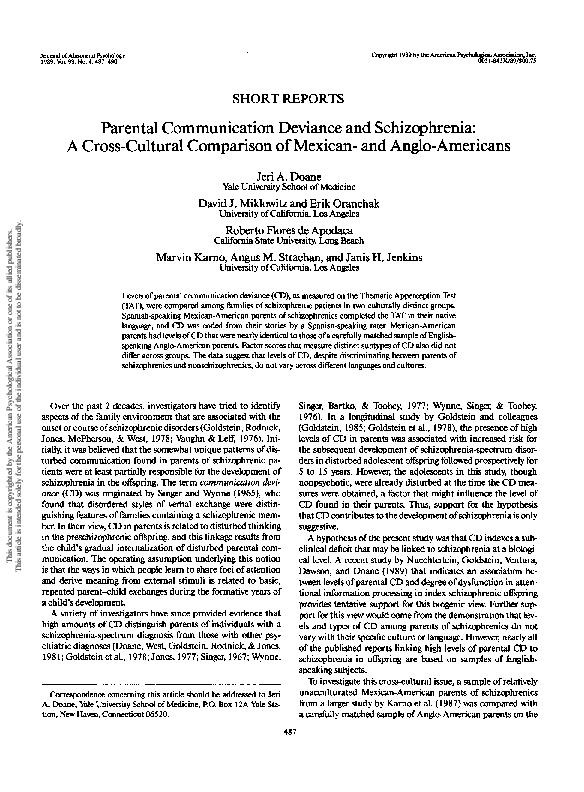 (PDF) Parental Communication Deviance and Schizophrenia: A Cross ...