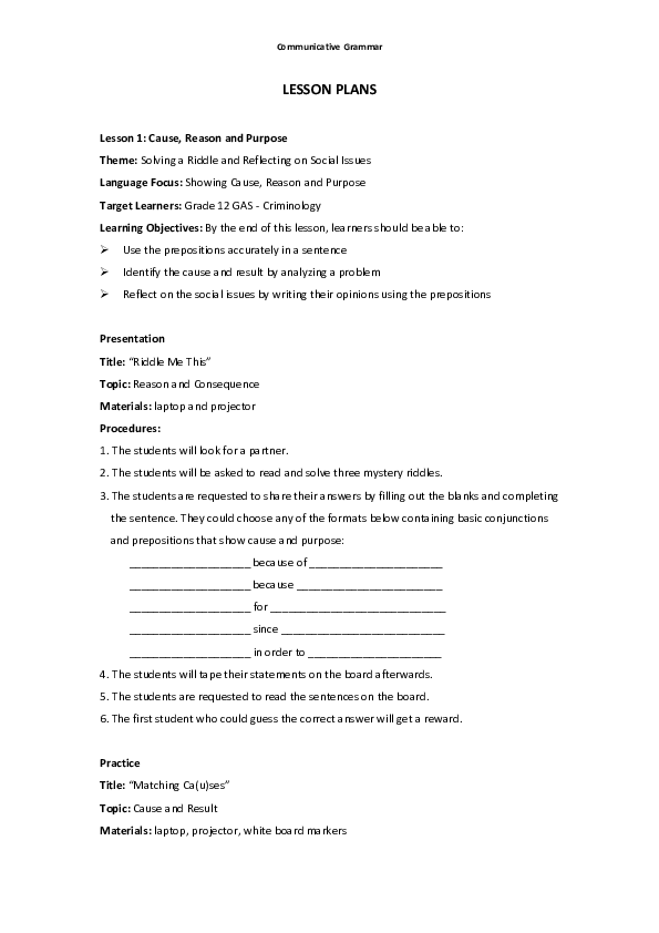 (DOC) Communicative Grammar (5 PPP Lesson Plans)
