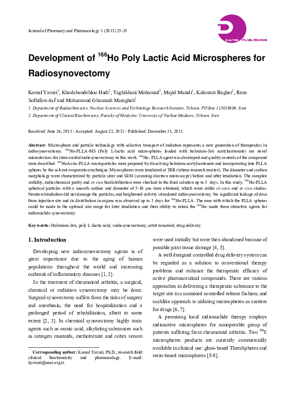 (PDF) Development of 166 Ho Poly Lactic Acid Microspheres for ...