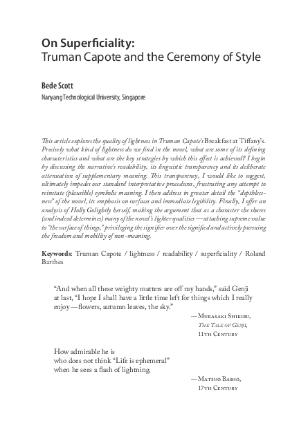 (PDF) On Superficiality: Truman Capote and the Ceremony of Style