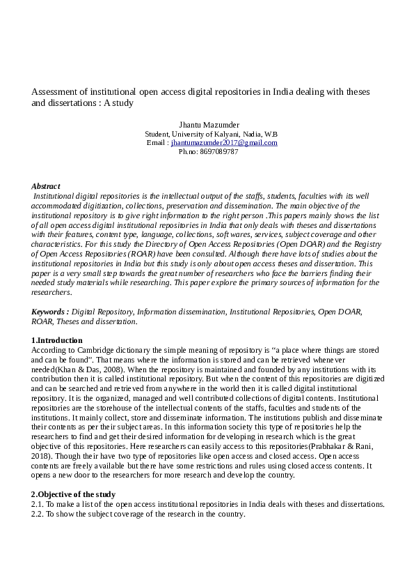 (PDF) Assessment of institutional open access digital repositories in India dealing with theses ...