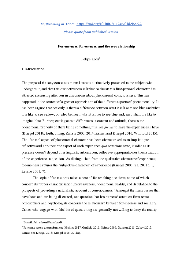 (PDF) For-me-ness, For-us-ness, and the We-relationship