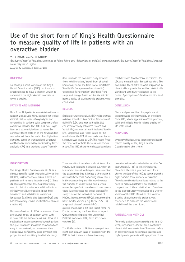 (PDF) Use of the short form of King's Health Questionnaire to measure ...