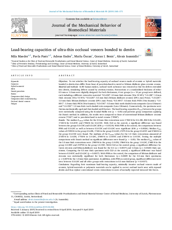 (PDF) Load-bearing capacities of ultra-thin occlusal veneers bonded to ...