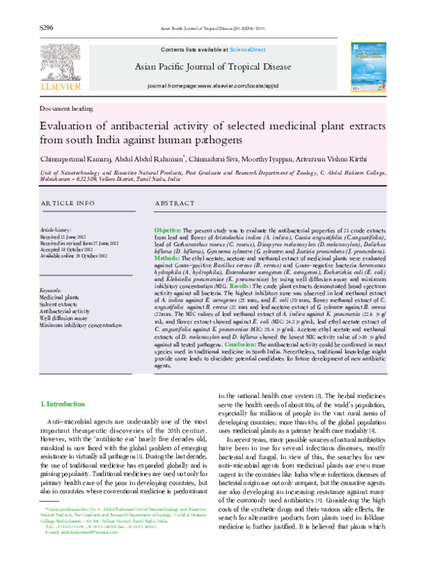 Pdf Evaluation Of Antibacterial Activity Of Selected Medicinal Plant