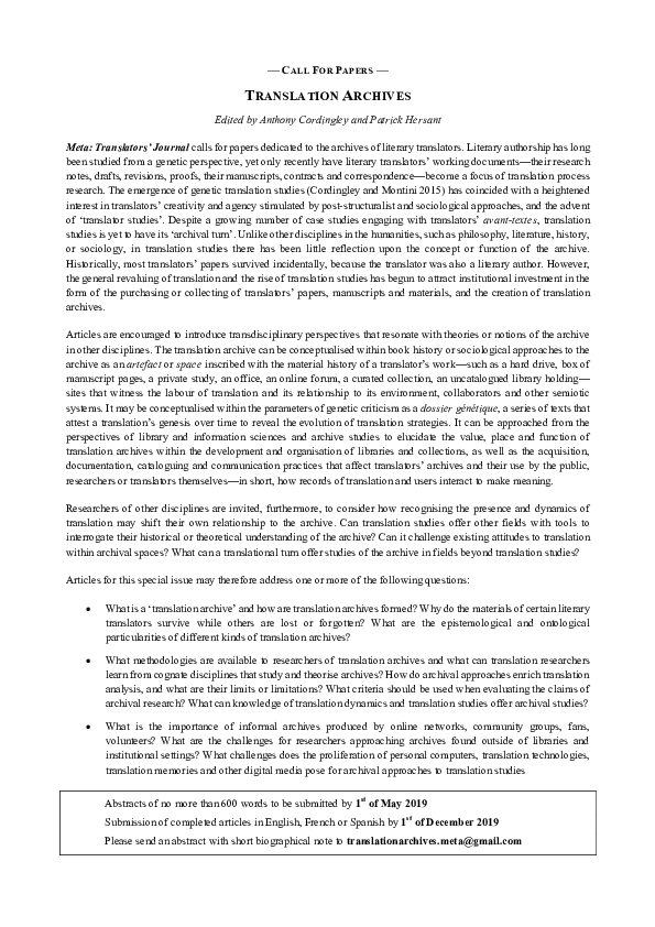 (PDF) CFP: TRANSLATION ARCHIVES