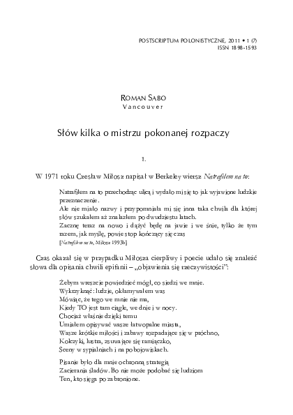 (PDF) Roman Sabo, Słów kilka o mistrzu pokonanej rozpaczy