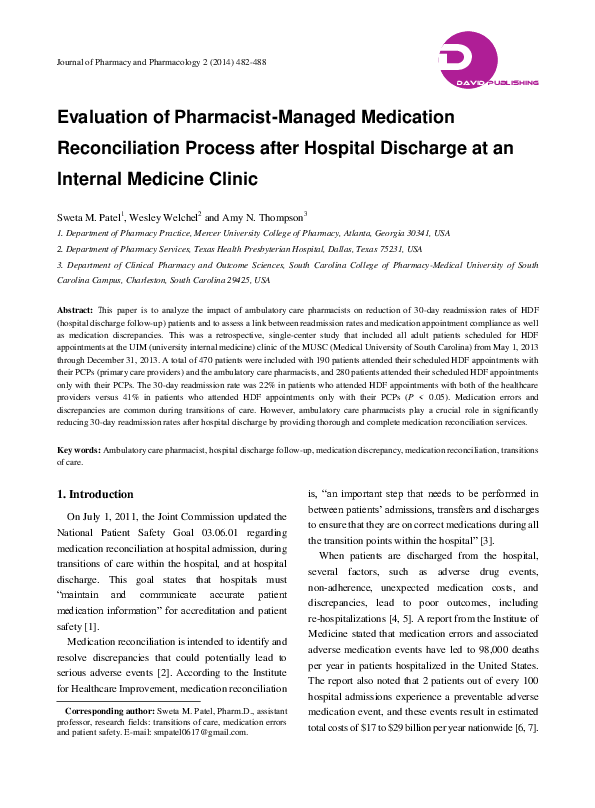 (PDF) Evaluation of Pharmacist-Managed Medication Reconciliation Process after Hospital ...