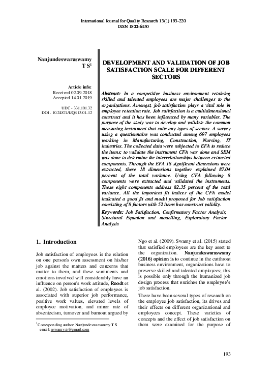(PDF) DEVELOPMENT AND VALIDATION OF JOB SATISFACTION SCALE FOR DIFFERENT SECTORS