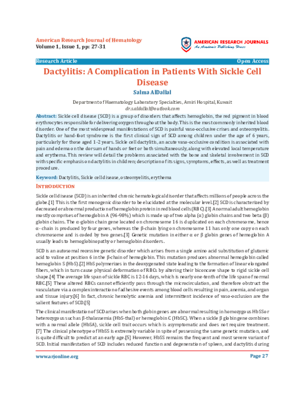 (PDF) Dactylitis: A Complication in Patients With Sickle Cell Disease