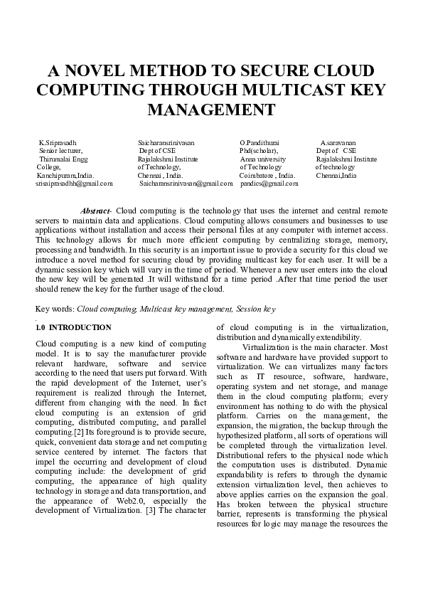 (PDF) A NOVEL METHOD TO SECURE CLOUD COMPUTING THROUGH MULTICAST KEY MANAGEMENT