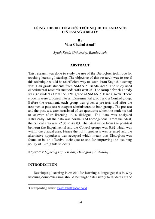 (PDF) USING THE DICTOGLOSS TECHNIQUE TO ENHANCE LISTENING ABILITY