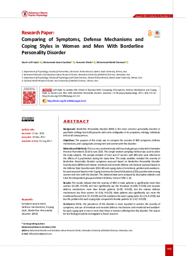 (PDF) Comparing of Symptoms, Defense Mechanisms and Coping Styles in ...