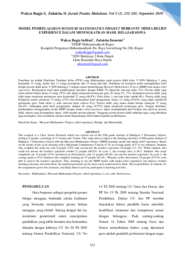 (PDF) MODEL PEMBELAJARAN MISSOURI MATHEMATICS PROJECT BERBANTU MEDIA RELIEF EXPERIENCE DALAM ...