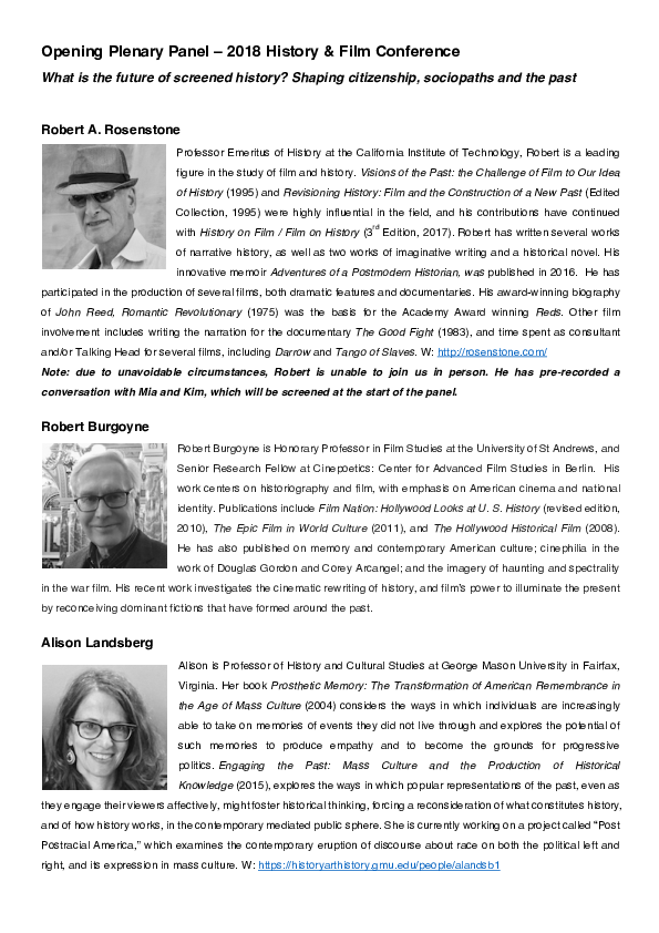 (PDF) Opening Plenary Panel -2018 History & Film Conference