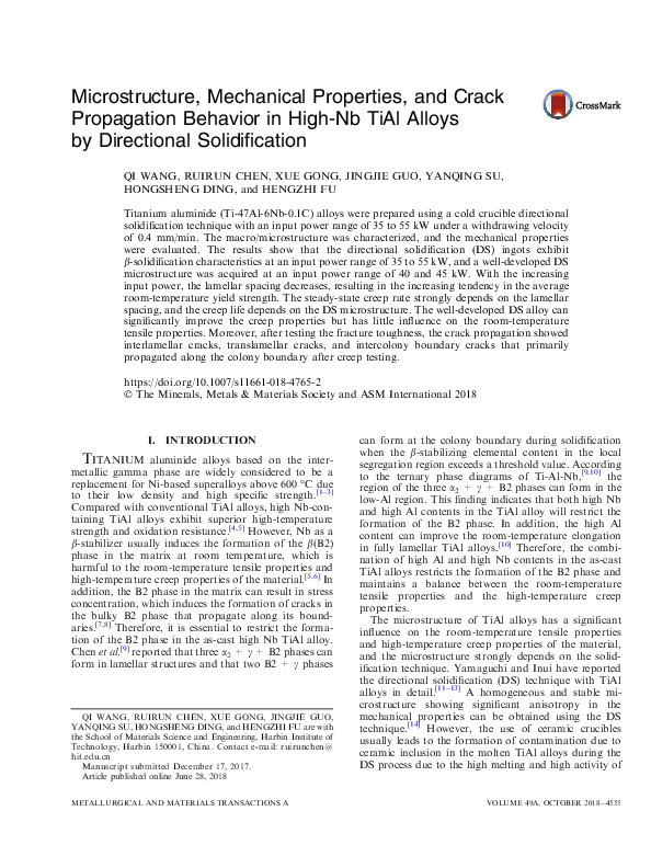 (PDF) Microstructure, Mechanical Properties, and Crack Propagation Behavior in High-Nb TiAl ...