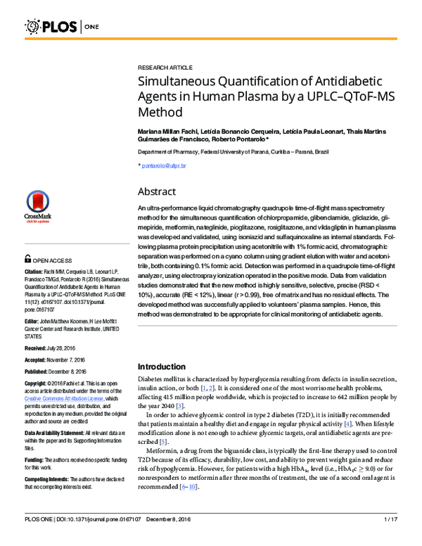 (PDF) Simultaneous Quantification of Antidiabetic Agents in Human Plasma by a UPLC-QToF-MS Method