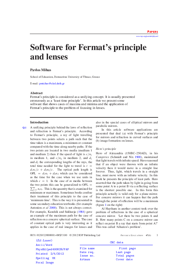 (PDF) Software for Fermat's principle and lenses