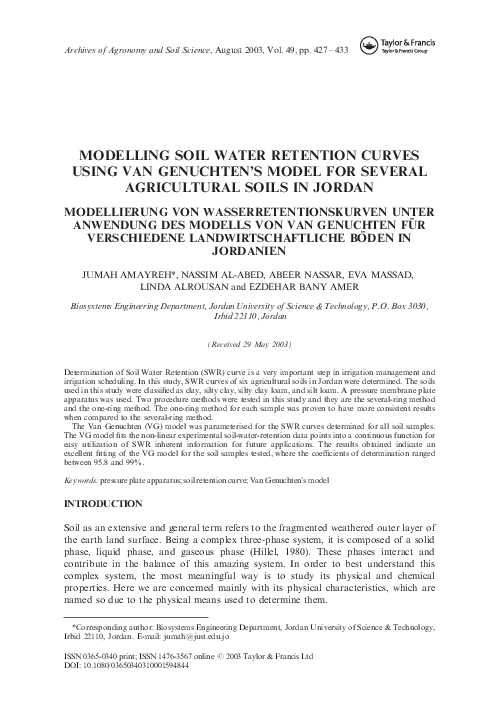 (PDF) MODELLING SOIL WATER RETENTION CURVES USING VAN GENUCHTEN'S MODEL FOR SEVERAL AGRICULTURAL ...