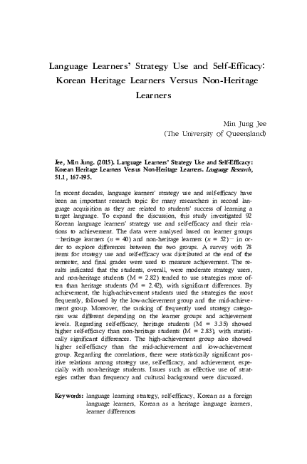 (PDF) Language Learners' Strategy Use and Self-Efficacy: Korean Heritage Learners Versus Non ...