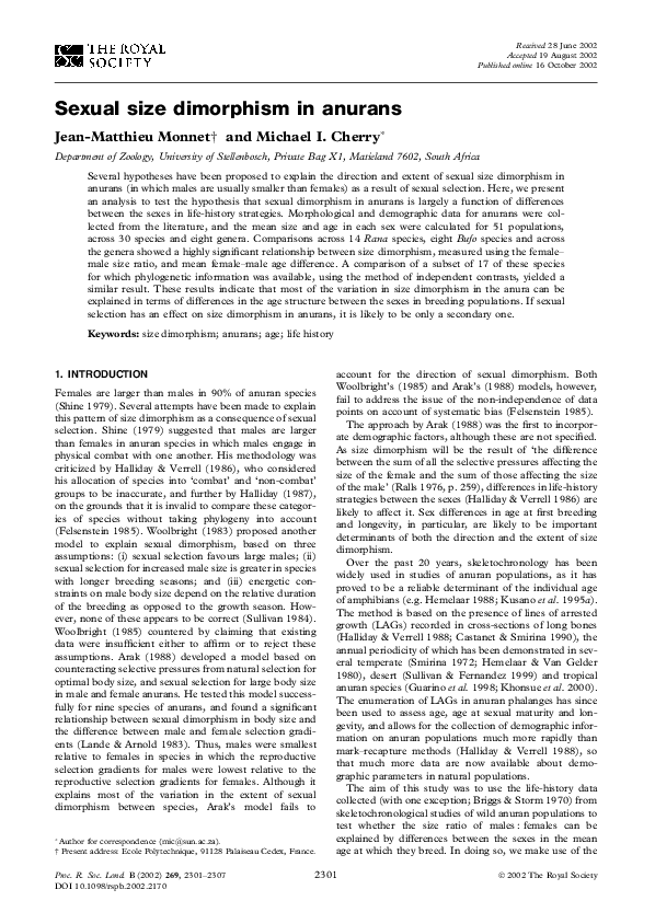 (PDF) Sexual size dimorphism in anurans