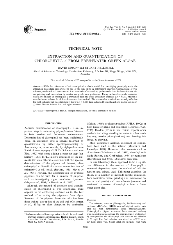 (PDF) Extraction and quantification of chlorophyll a from freshwater ...