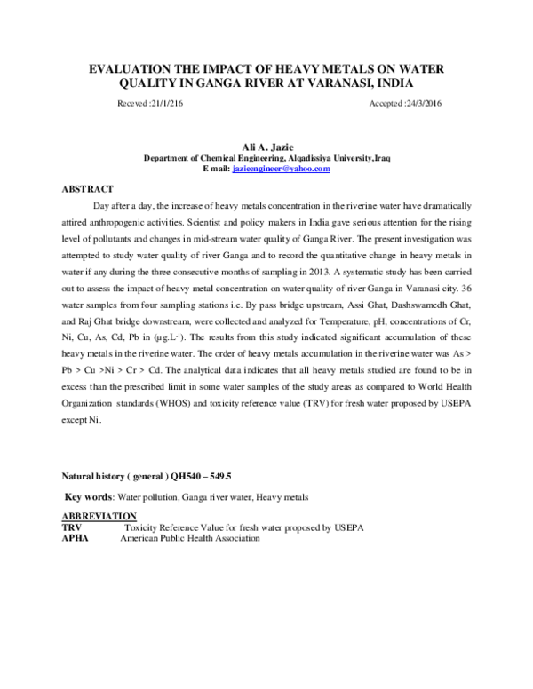(PDF) EVALUATION THE IMPACT OF HEAVY METALS ON WATER QUALITY IN GANGA ...