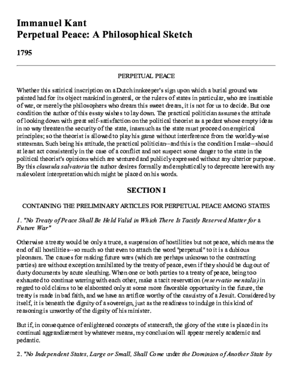 (PDF) Immanuel Kant Perpetual Peace: A Philosophical Sketch 1795