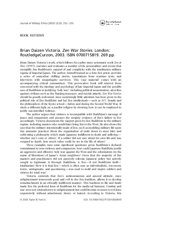 (PDF) Buddhism and War: Book Reviews of Brian Daizen Victoria, Zen War ...
