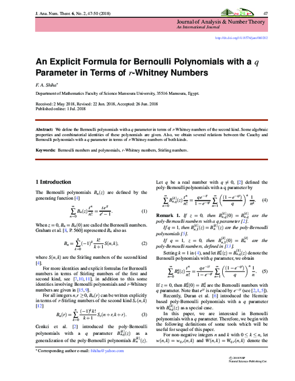Pdf An Explicit Formula For Bernoulli Polynomials With A Q Parameter In Terms Of R Whitney