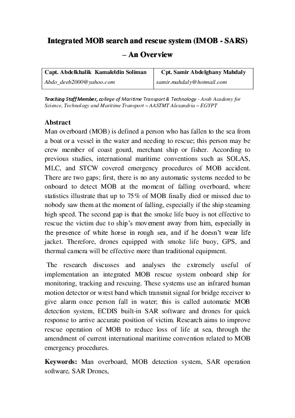(PDF) Integrated Man overboard MOB search and rescue system (IMOB -SARS ...